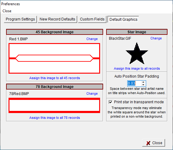 Main Screen > Preferences > Default Graphics
